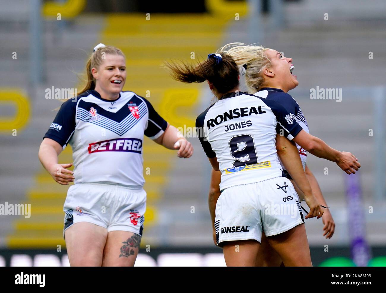 England's Grace Field celebrates after scoring their side's fifth try ...
