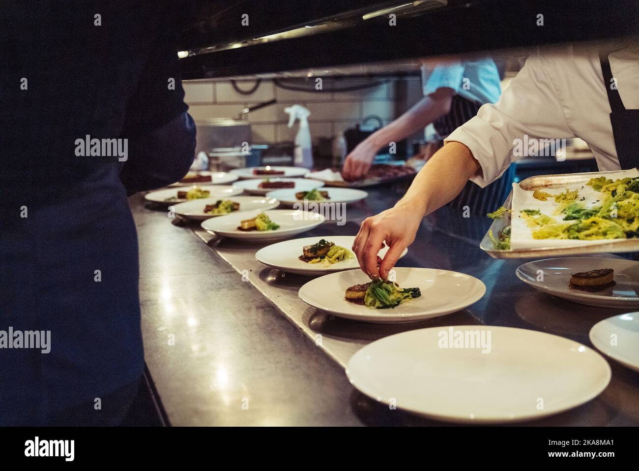 A closeup shot of the chefs preparing a fine dinner at the kitchen in a ...