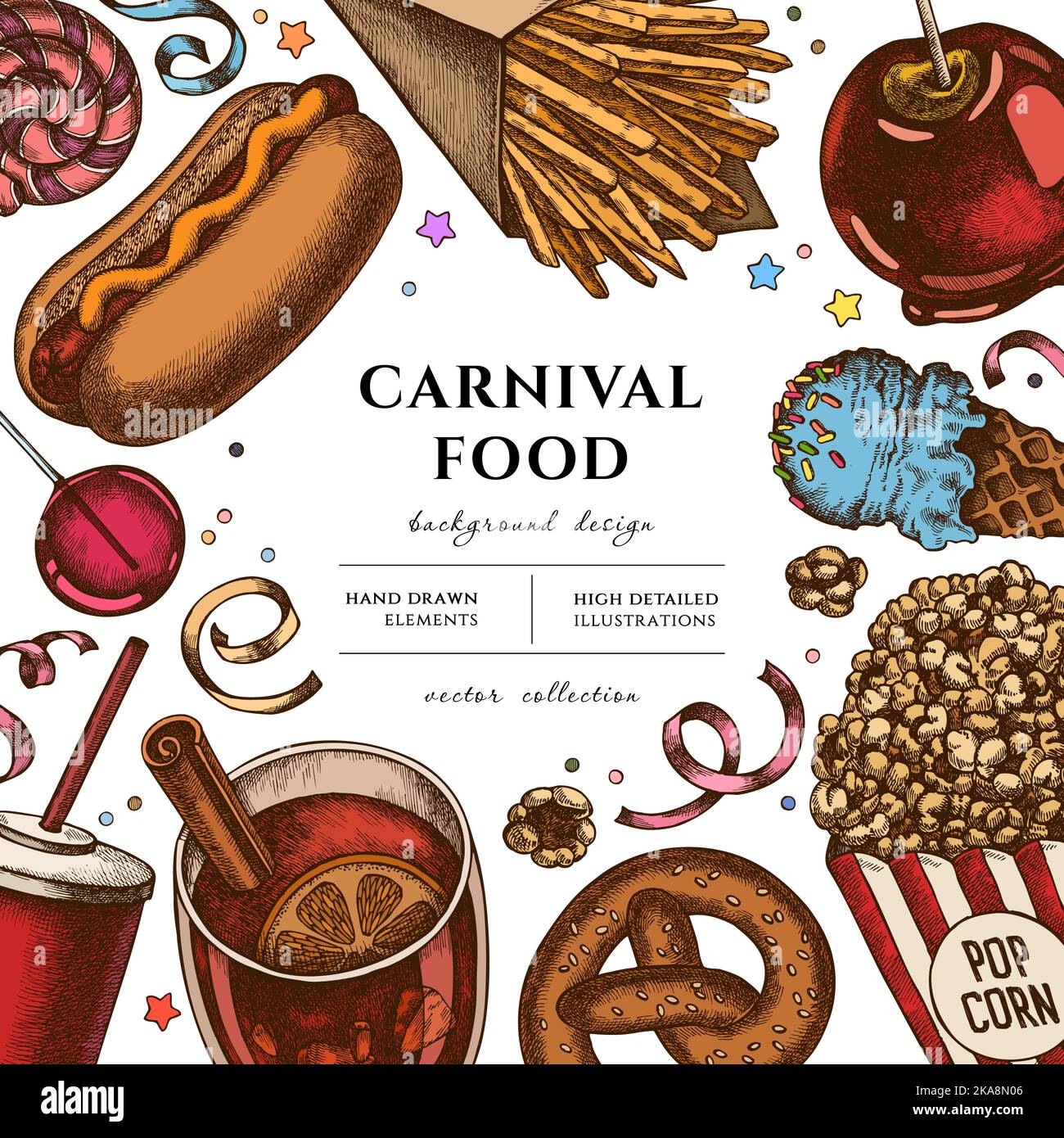 Carnival food hand drawn illustration design. Background with retro ...