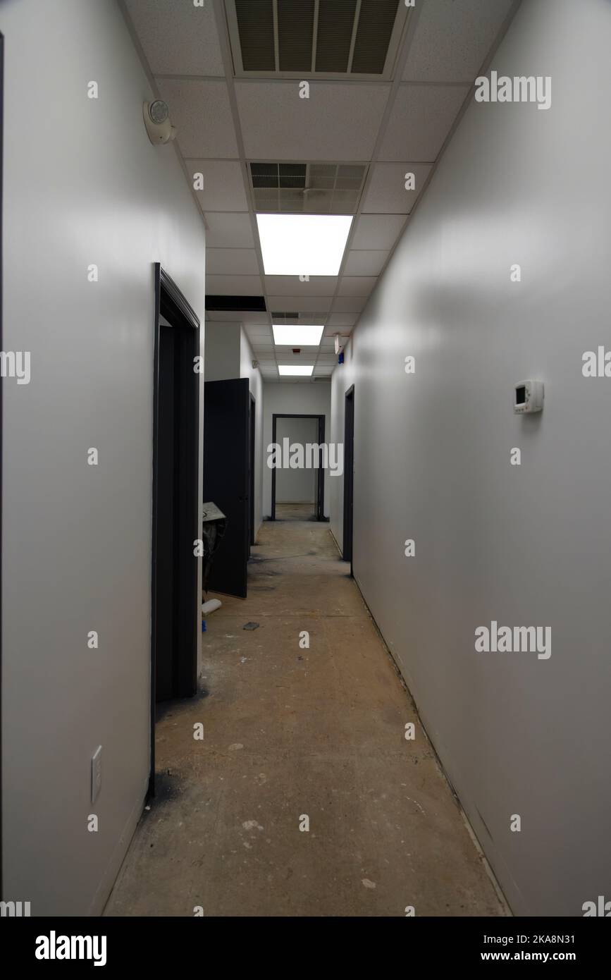A vertical shot of a building hall with open office doors Stock Photo ...