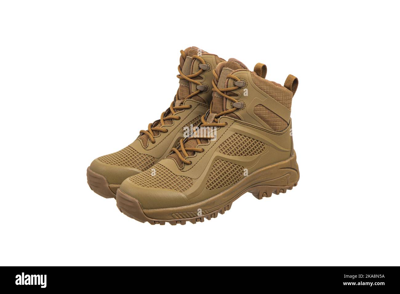 Modern army combat boots. New desert beige shoes. Isolate on a white ...