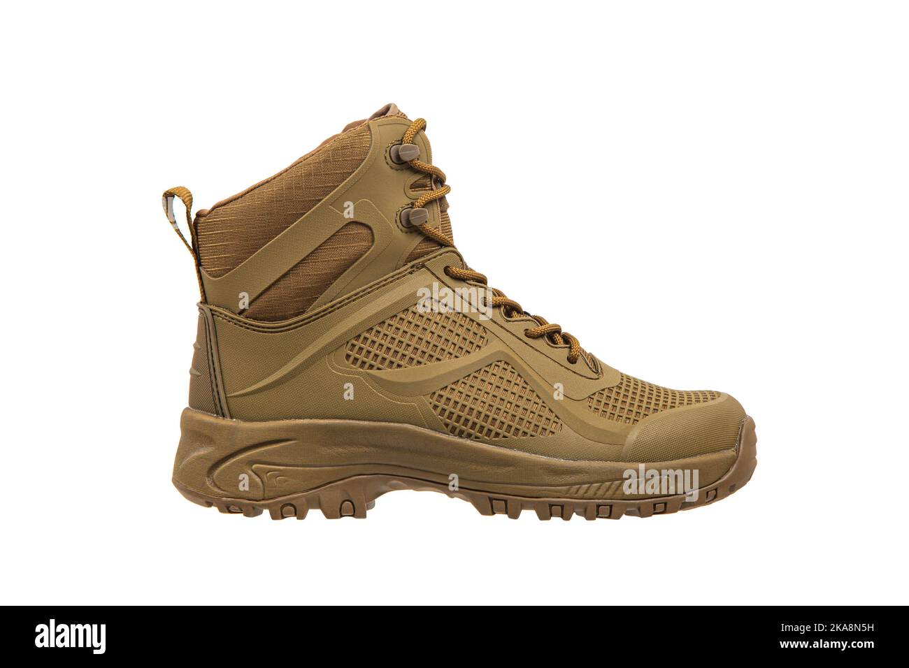 Modern army combat boots. New desert beige shoes. Isolate on a white ...