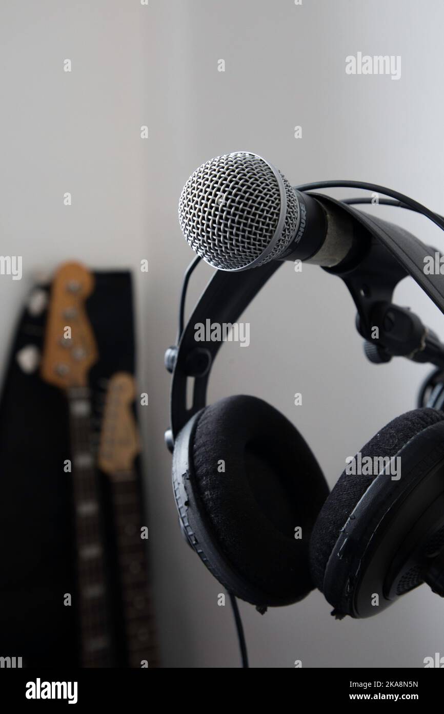 Sure SM58 Microphone on a stand in a recording studio ready for ...