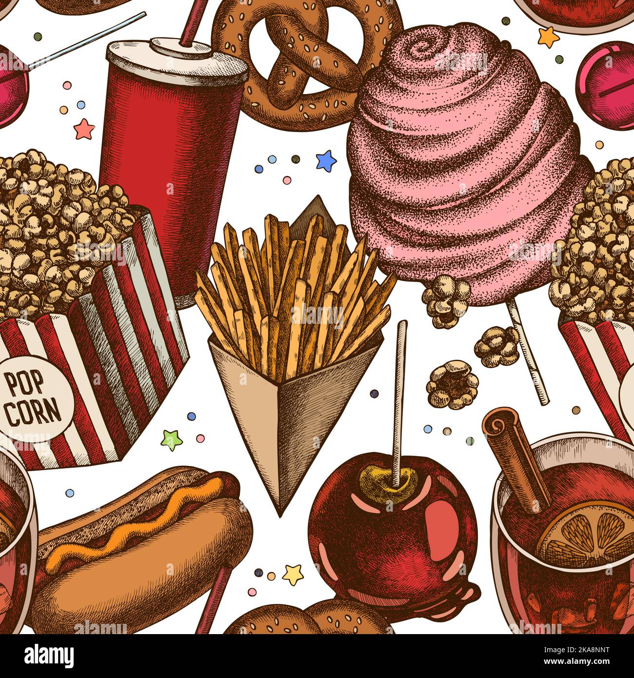 Carnival food seamless pattern background design. Engraved style. Hand ...
