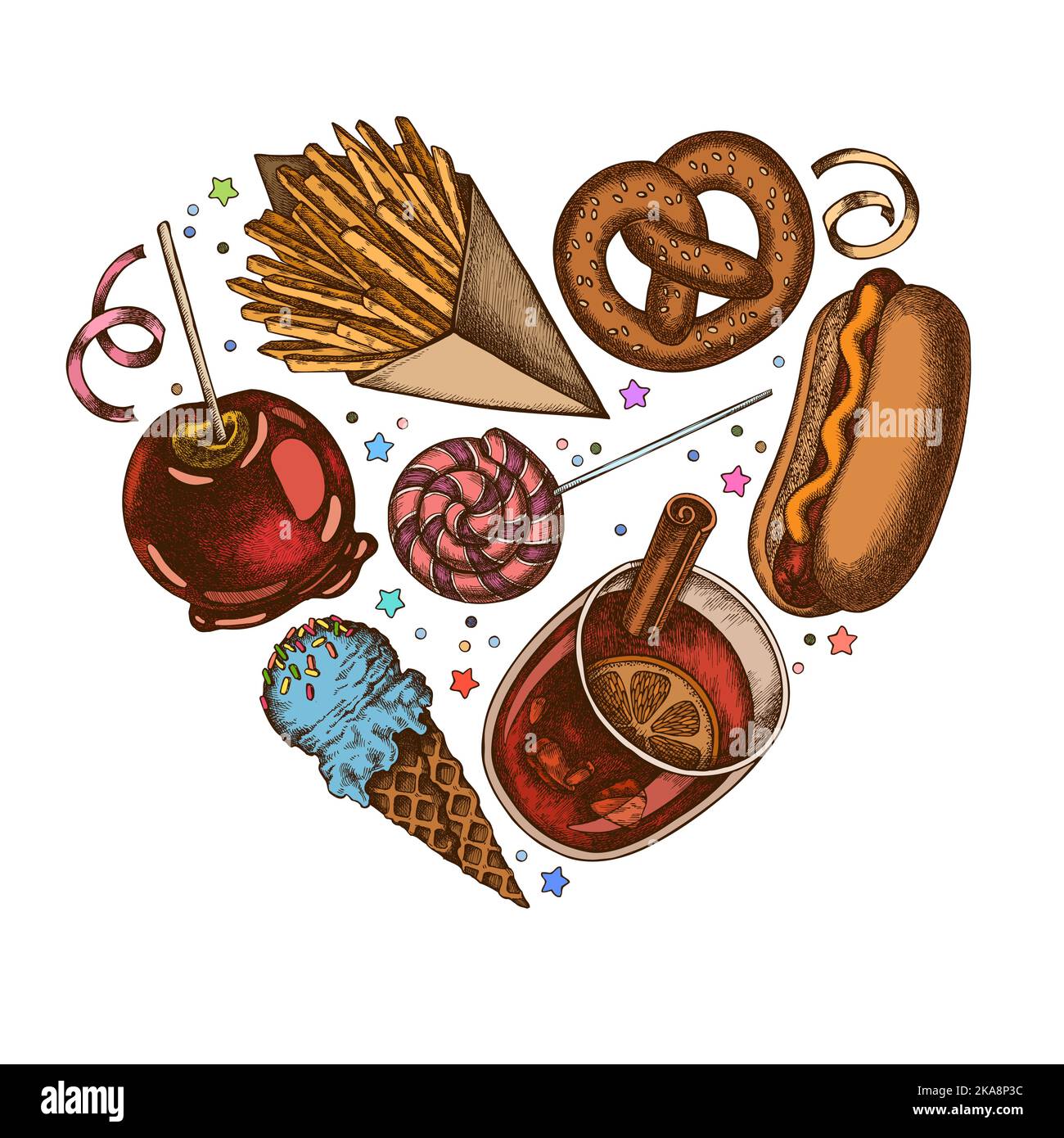 Carnival food heart vintage design. Hand drawn french fries, pretzel ...