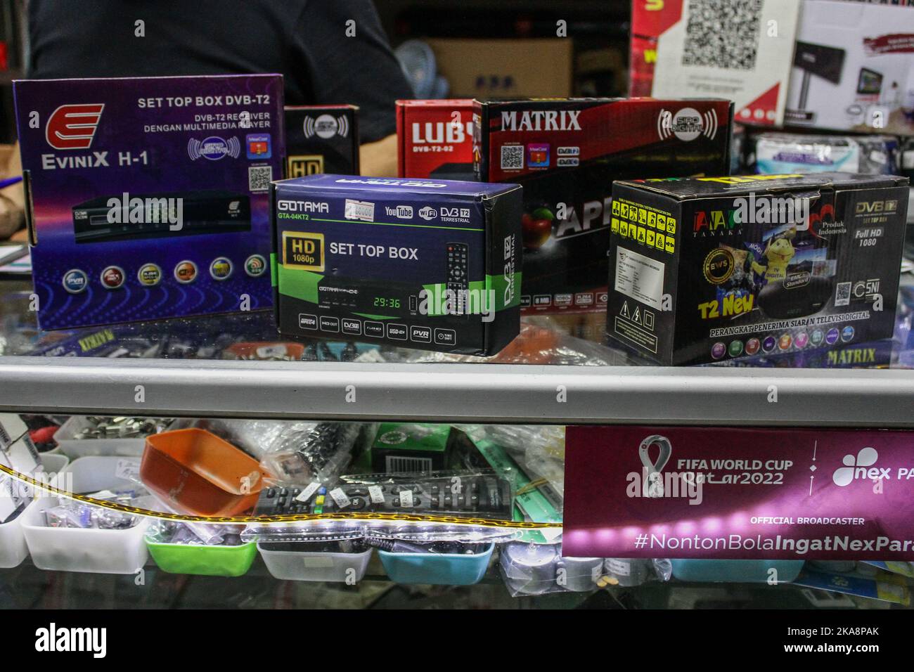 Set-up boxes for digital television seen on display for sale in Bandung ...
