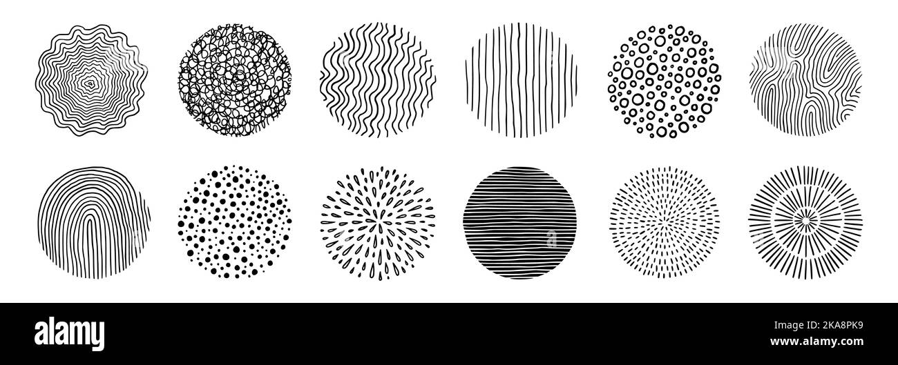 Abstract line pattern circle set. Hand drawn texture, doodle decorative ...