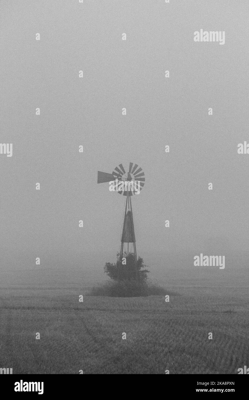 A vertical grayscale shot of an old windmill in the field on a foggy ...