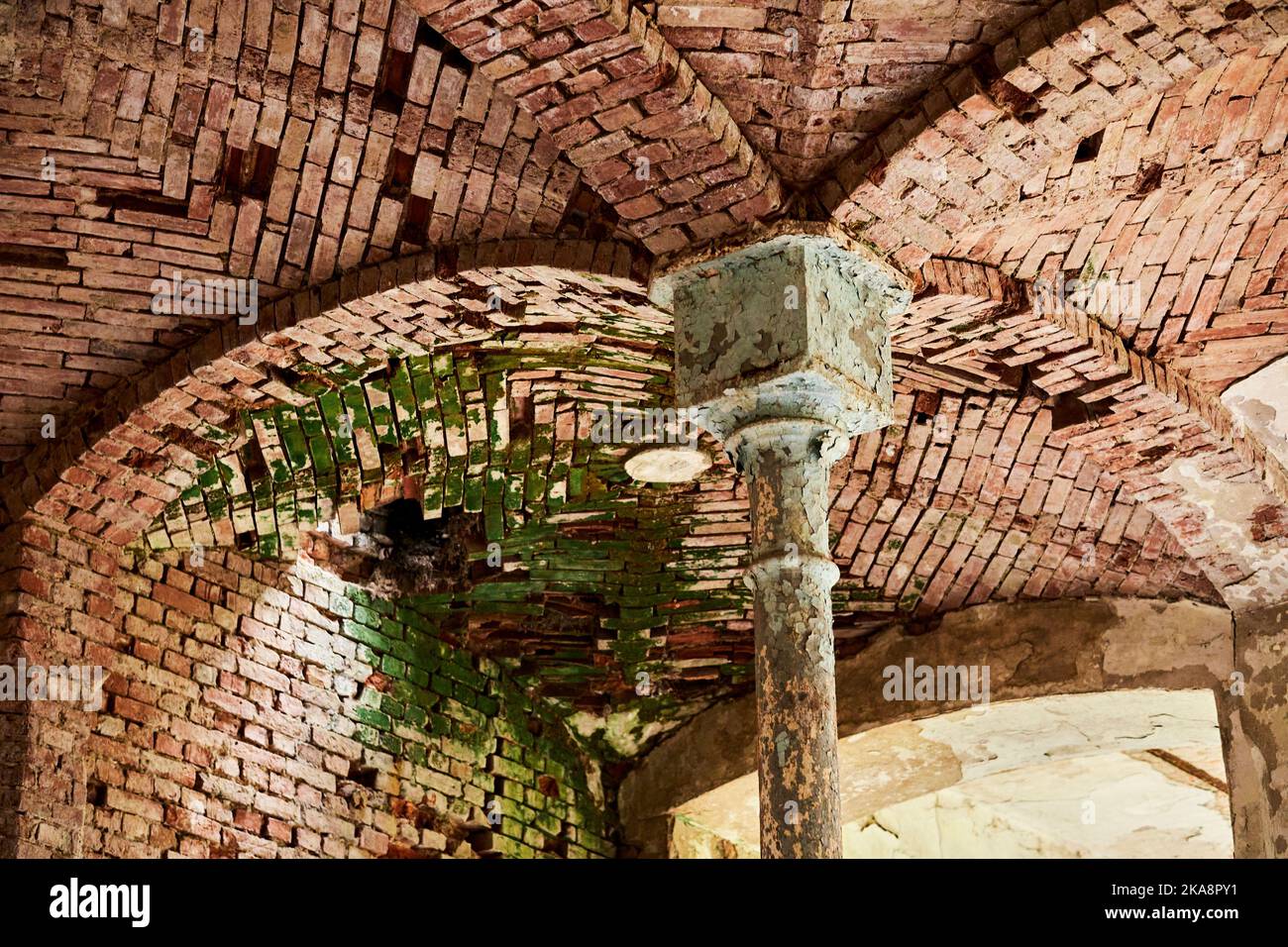 A view of a pavilion's stone ceiling covered with moss and a white ...