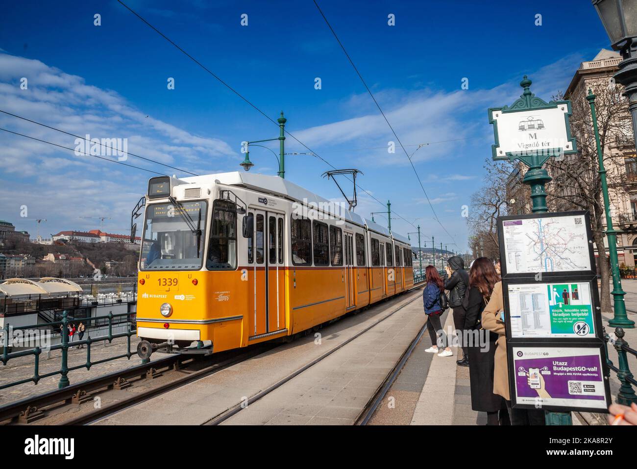 Picture of a Ganz CSMG tram ready for departure on a tram stop in Pest district in Budapest ...