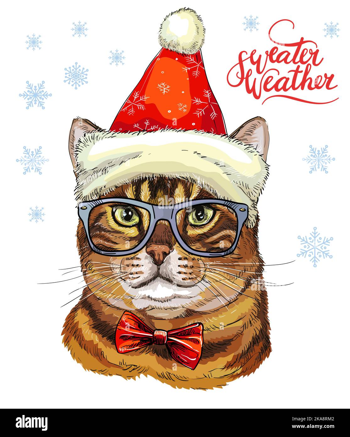 Christmas card with funny cute important cat in christmas hat, glasses ...