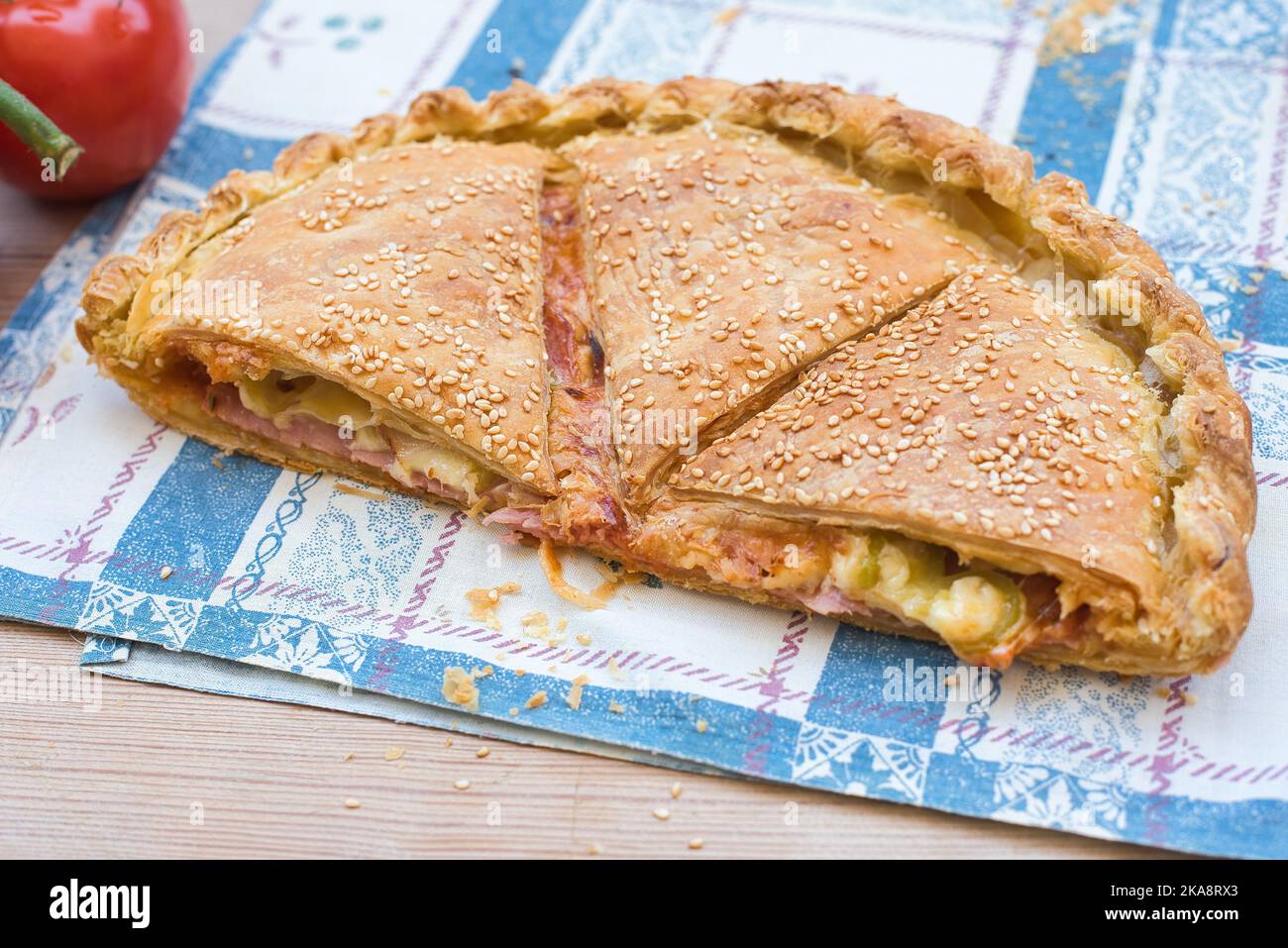 traditional pie, covered pizza baked in wood with wood Stock Photo - Alamy