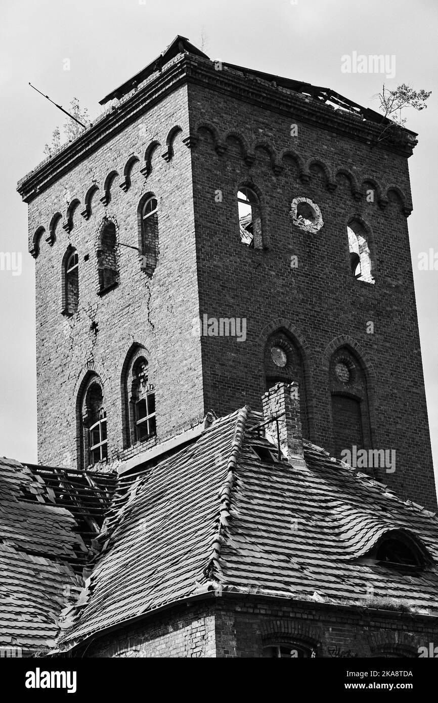 A low angle grayscale shot of the abandoned psychiatric department ...