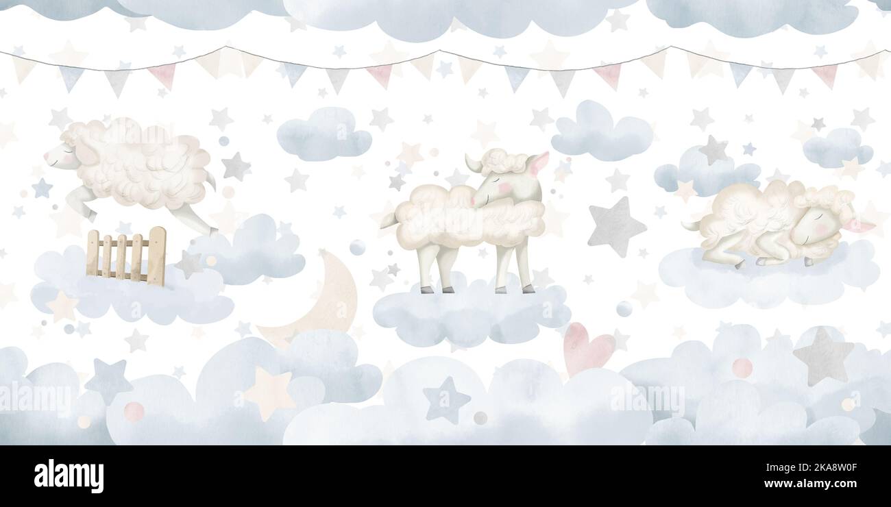 Watercolor seamless Pattern with cute little Sheep and clouds. Hand ...
