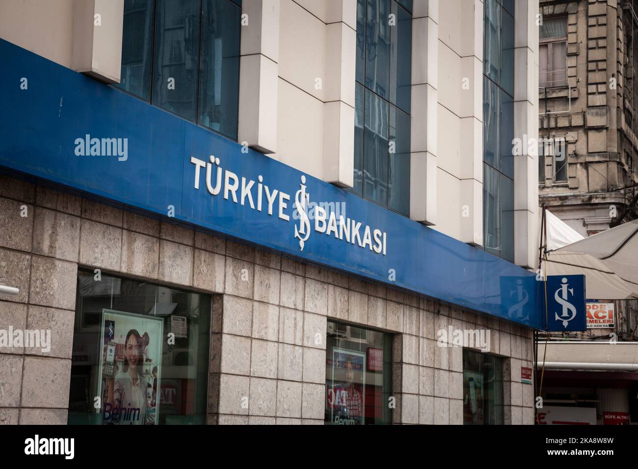 Picture of a sign with the logo of Turkiye IS Bankasi taken in front of their local bank in ...