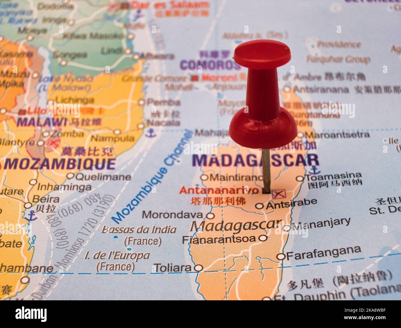Antananarivo pinned on a map of Madagascar Stock Photo - Alamy