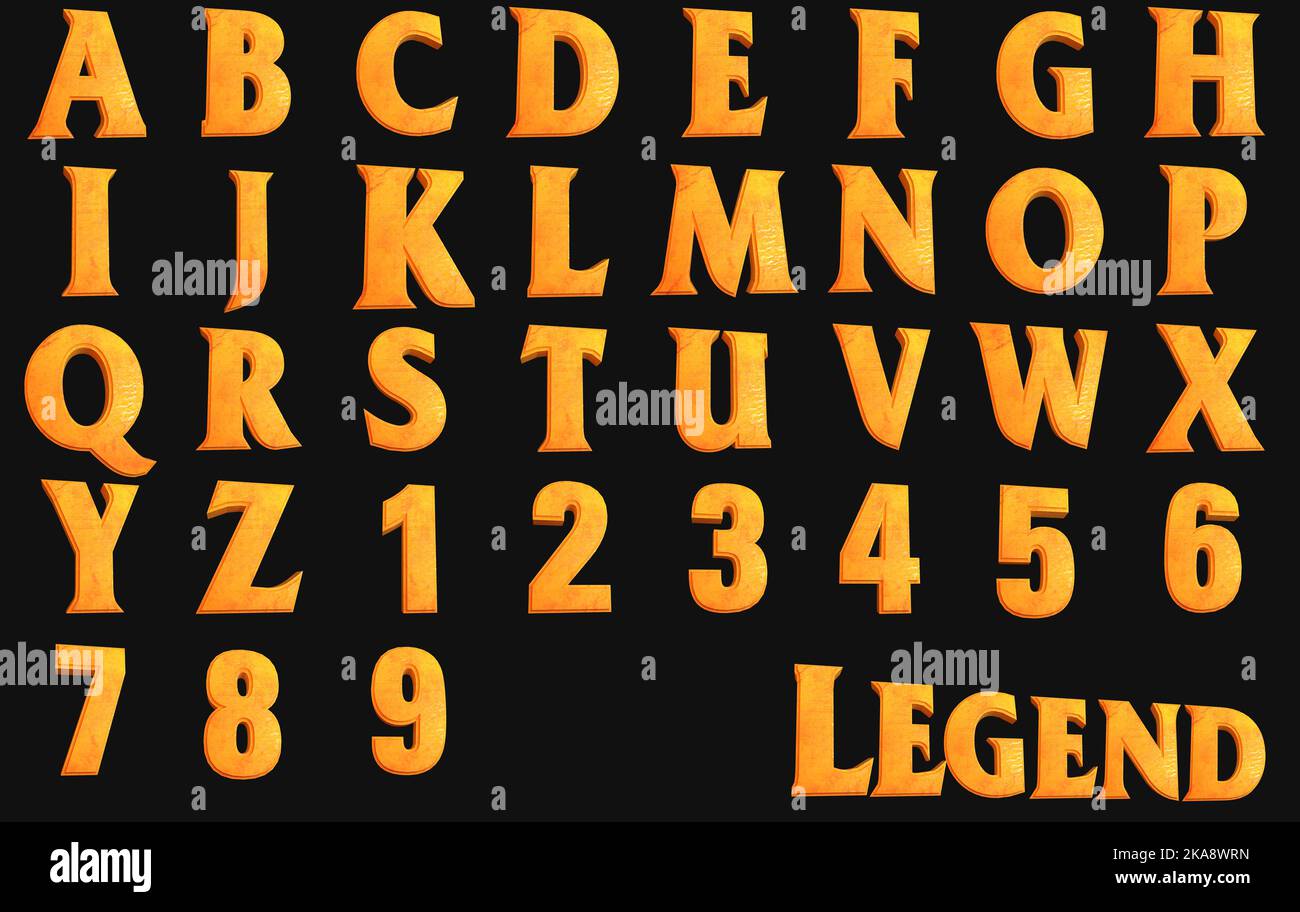 An illustration of a yellow bold alphabet and number font on a black ...