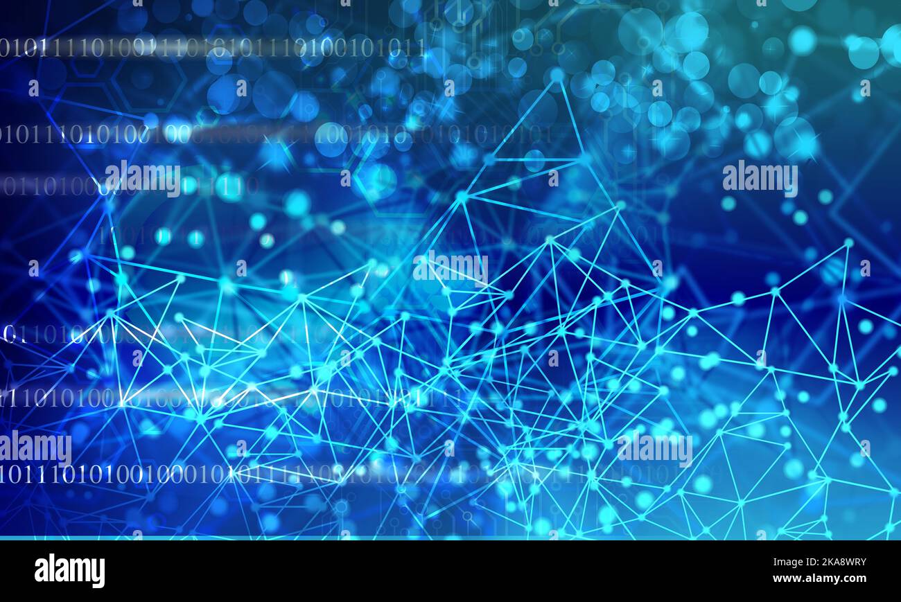 An illustration of a blue abstract digital background with code numbers ...