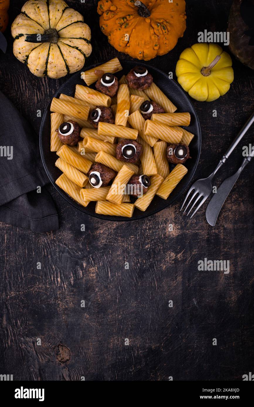 Halloween pasta with meatballs in shape of eye Stock Photo - Alamy