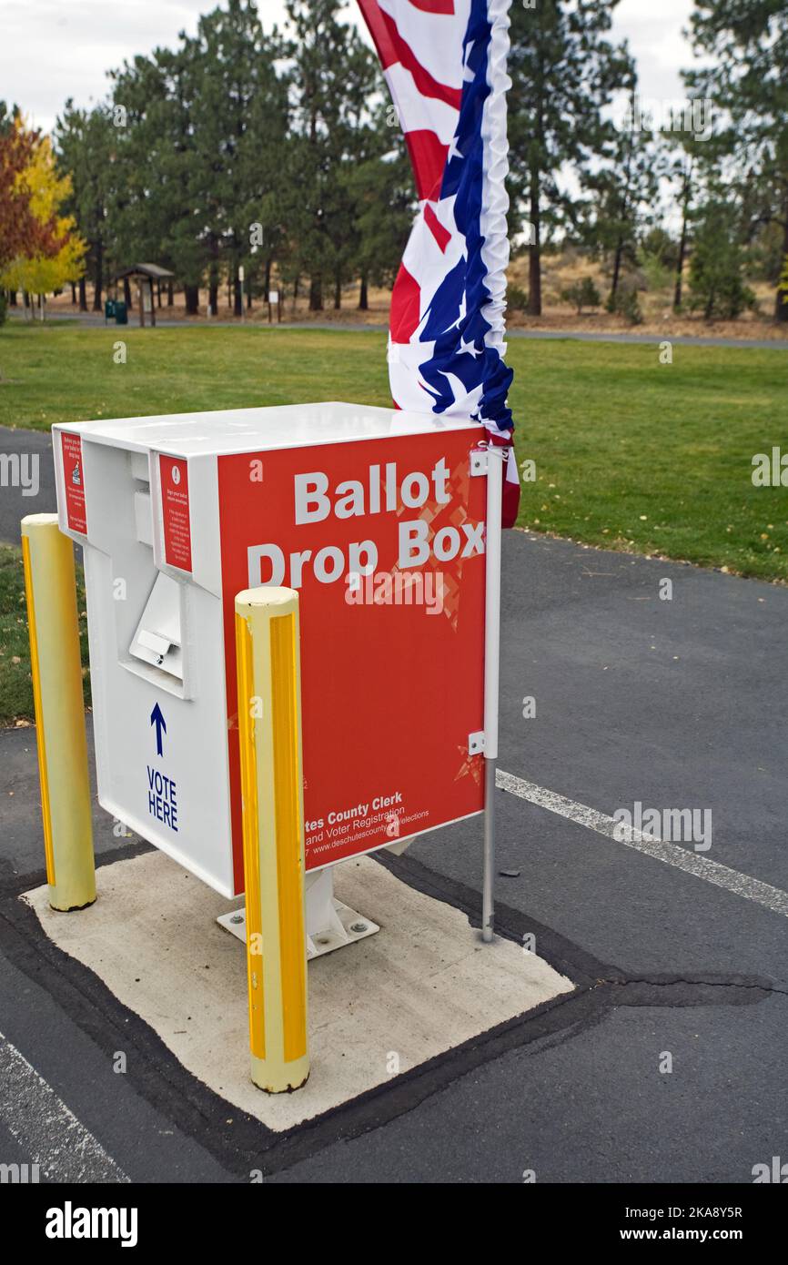 October, 2022. A ballot drop box in which Oregon voters can drop their ...