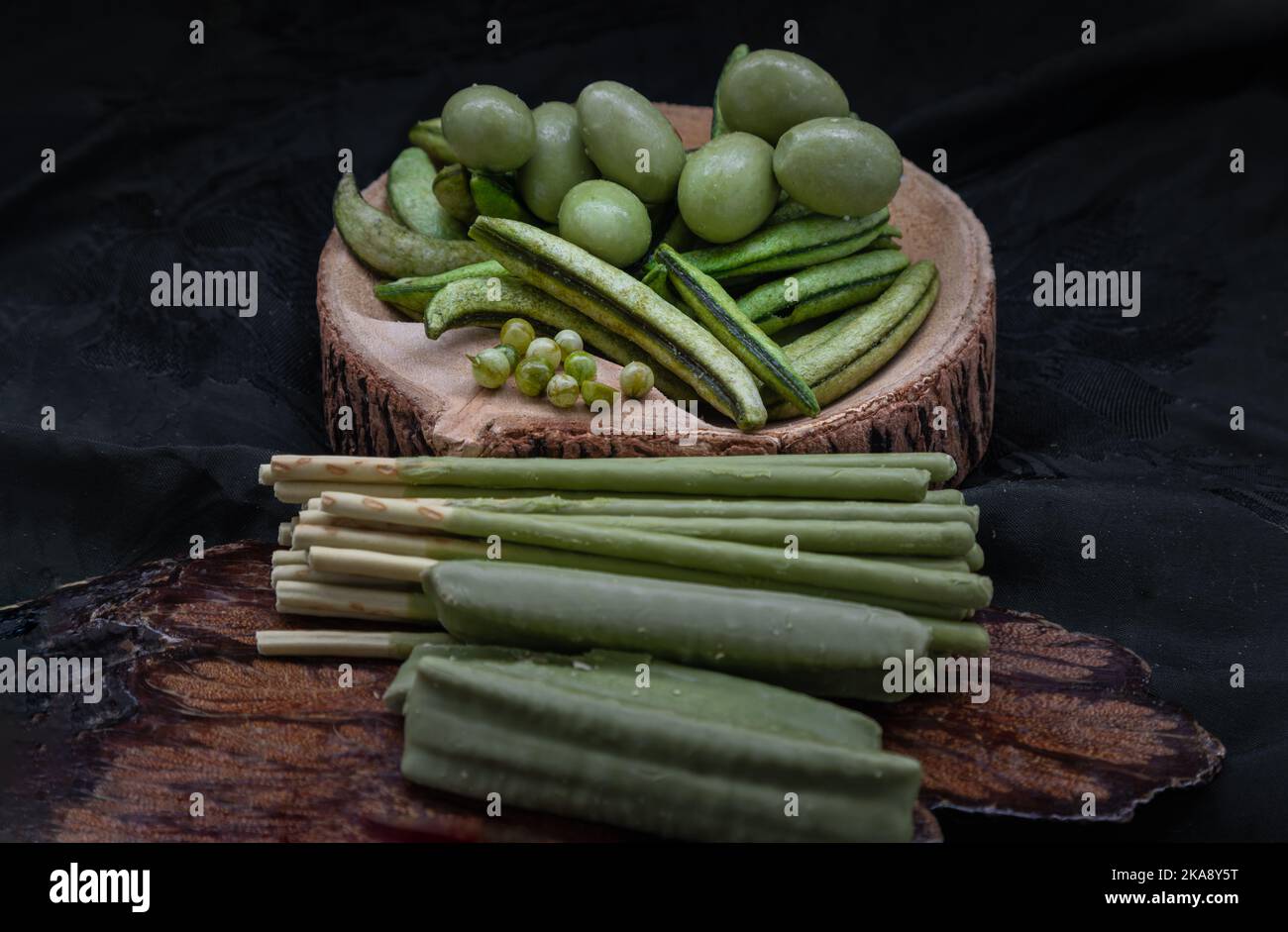 Composition of green snacks in assortment with different tastes and ...
