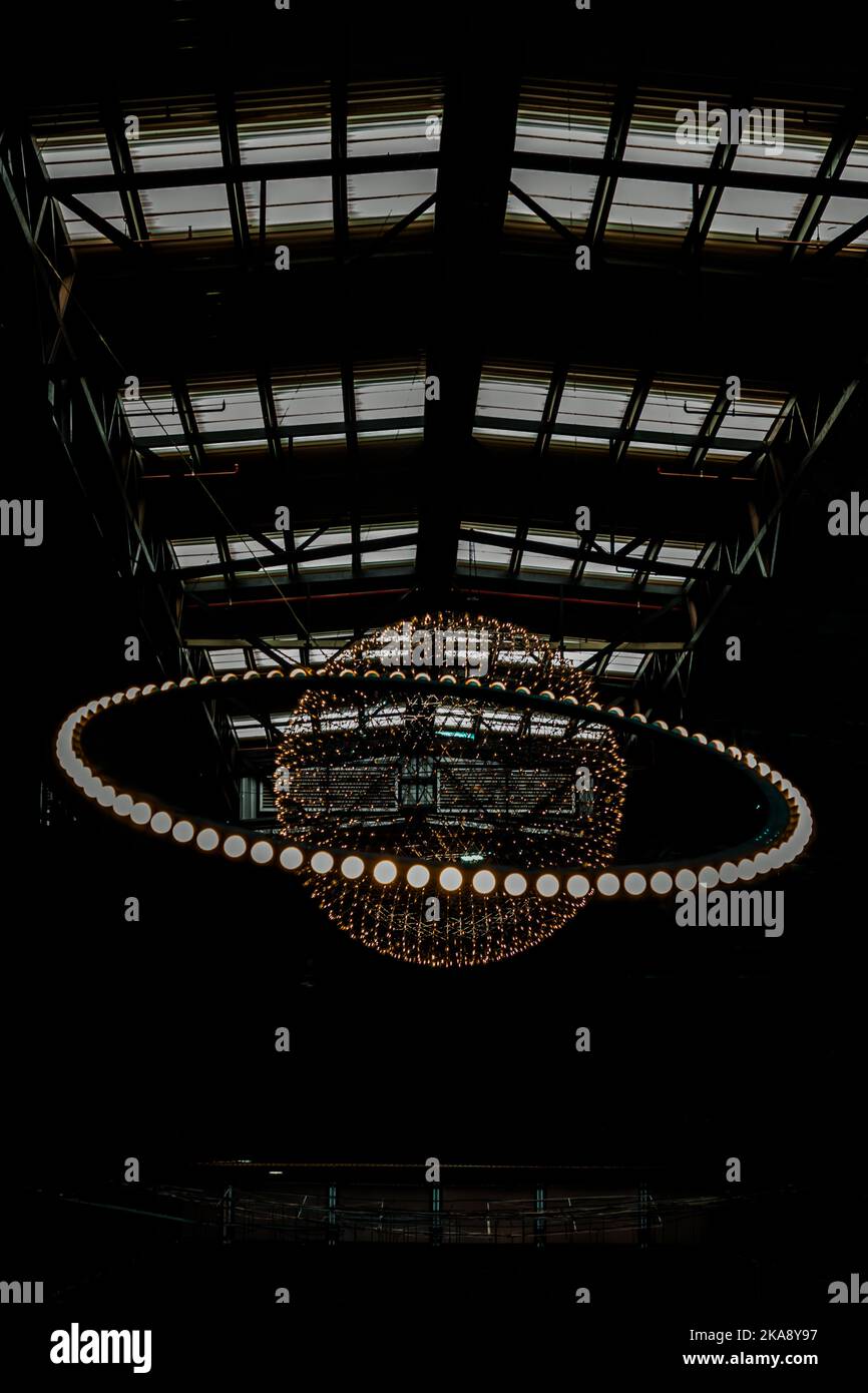 Big circle globe light like earth planet star in space or universe hang ...