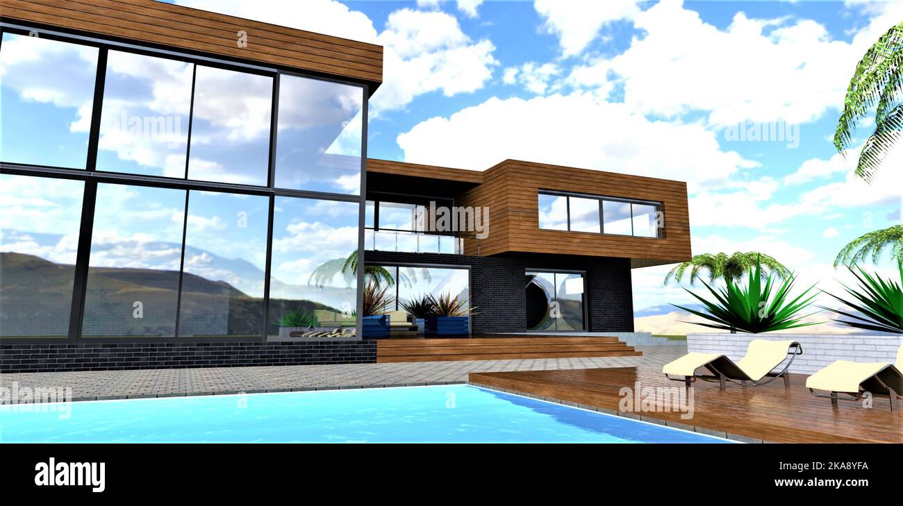 The view of a person leaving the pool at a wooden deck with couchettes ...