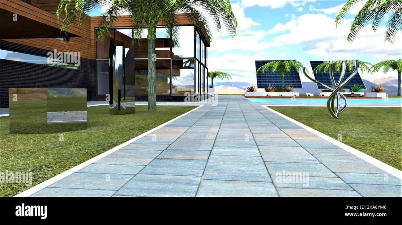 Pedestrian path made of concrete slabs in the courtyard of the estate ...