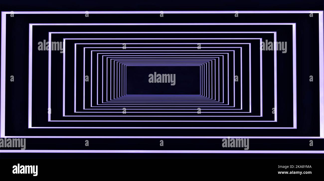 Panorama of blue concentric rectangles in black space. The impression of the distance of the ...