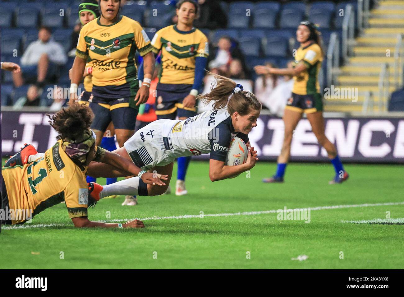 Tara Jones England goes over for a try during the Women's Rugby League ...