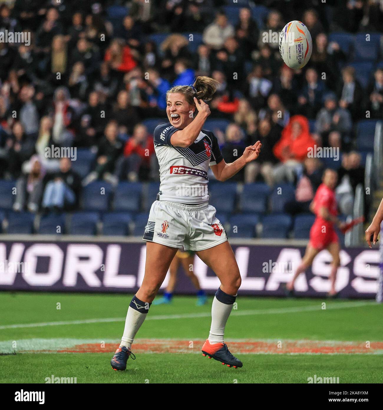 Tara Jones England celebrates her try during the Women's Rugby League ...