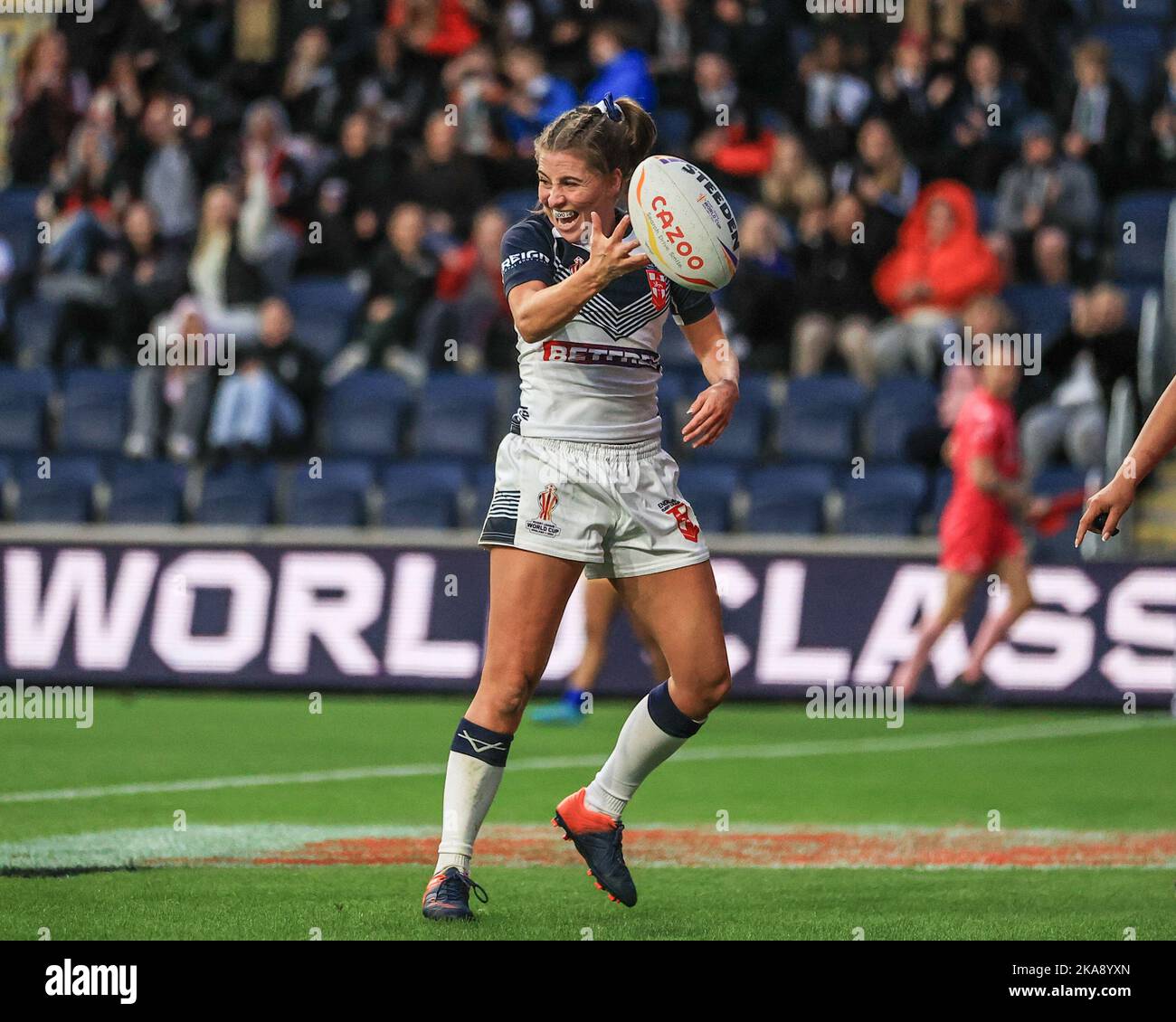 Tara Jones England celebrates her try during the Women's Rugby League ...
