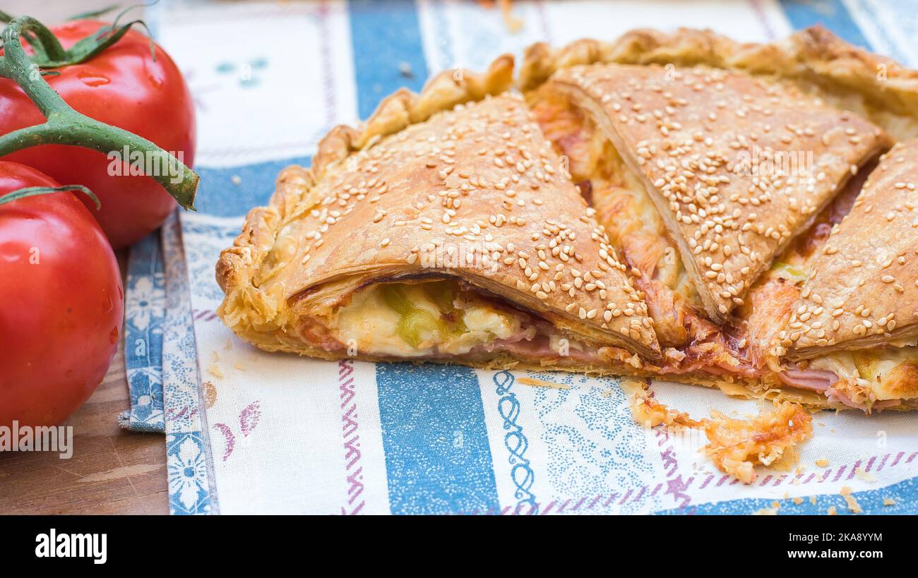 traditional pie, covered pizza baked in wood with wood Stock Photo - Alamy