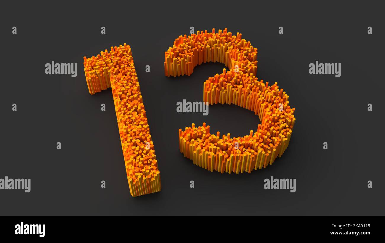 An illustration of a orange and red number 13 isolated over dark ...