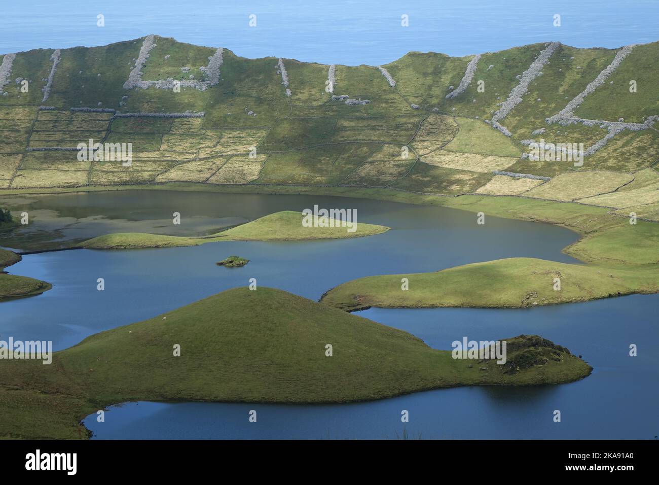 An aerial view of the beautiful Caldeirao Lagoon at Corvo Island in ...