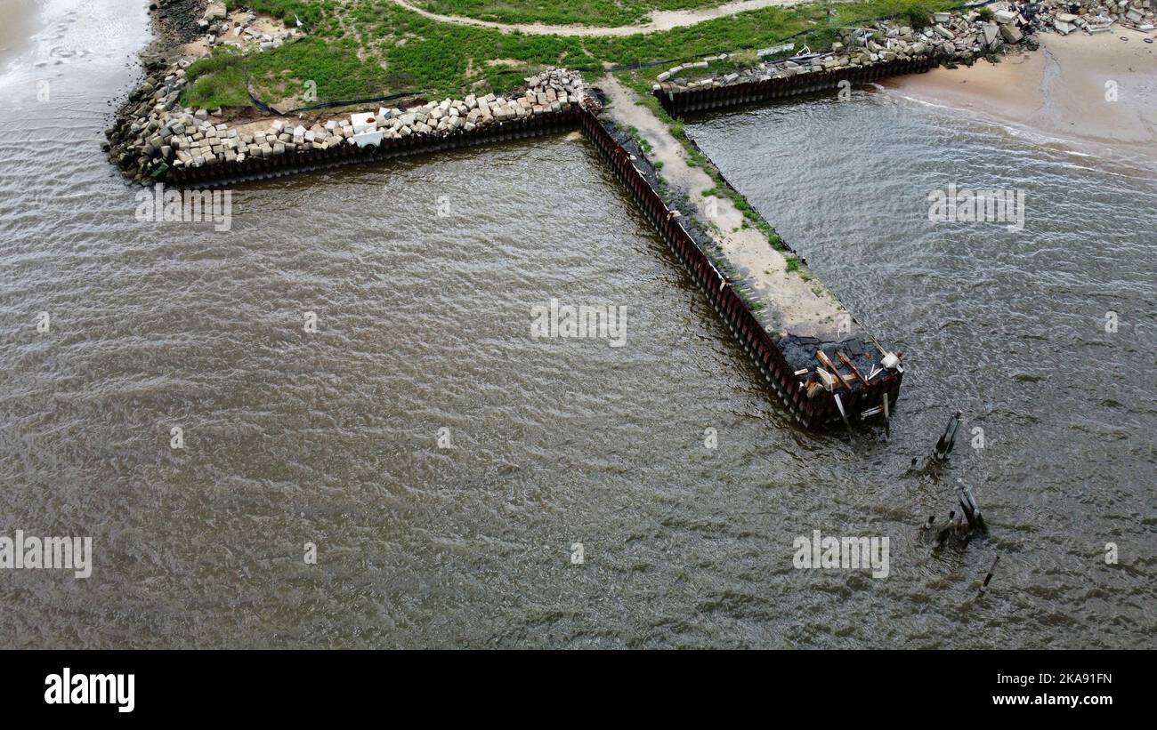 An aerial view of an old concrete pier on Raritan Bay in South Amboy ...