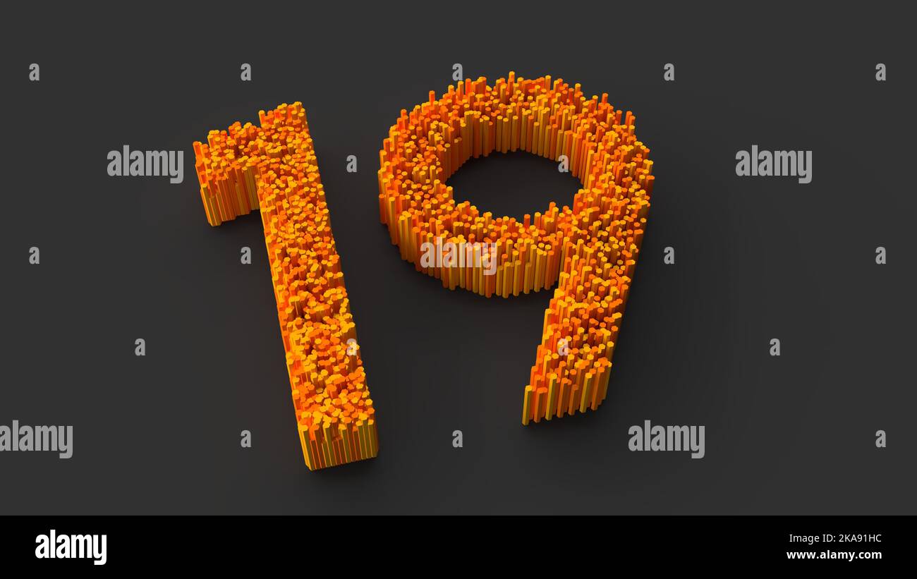An illustration of a orange and red number 19 isolated over dark ...