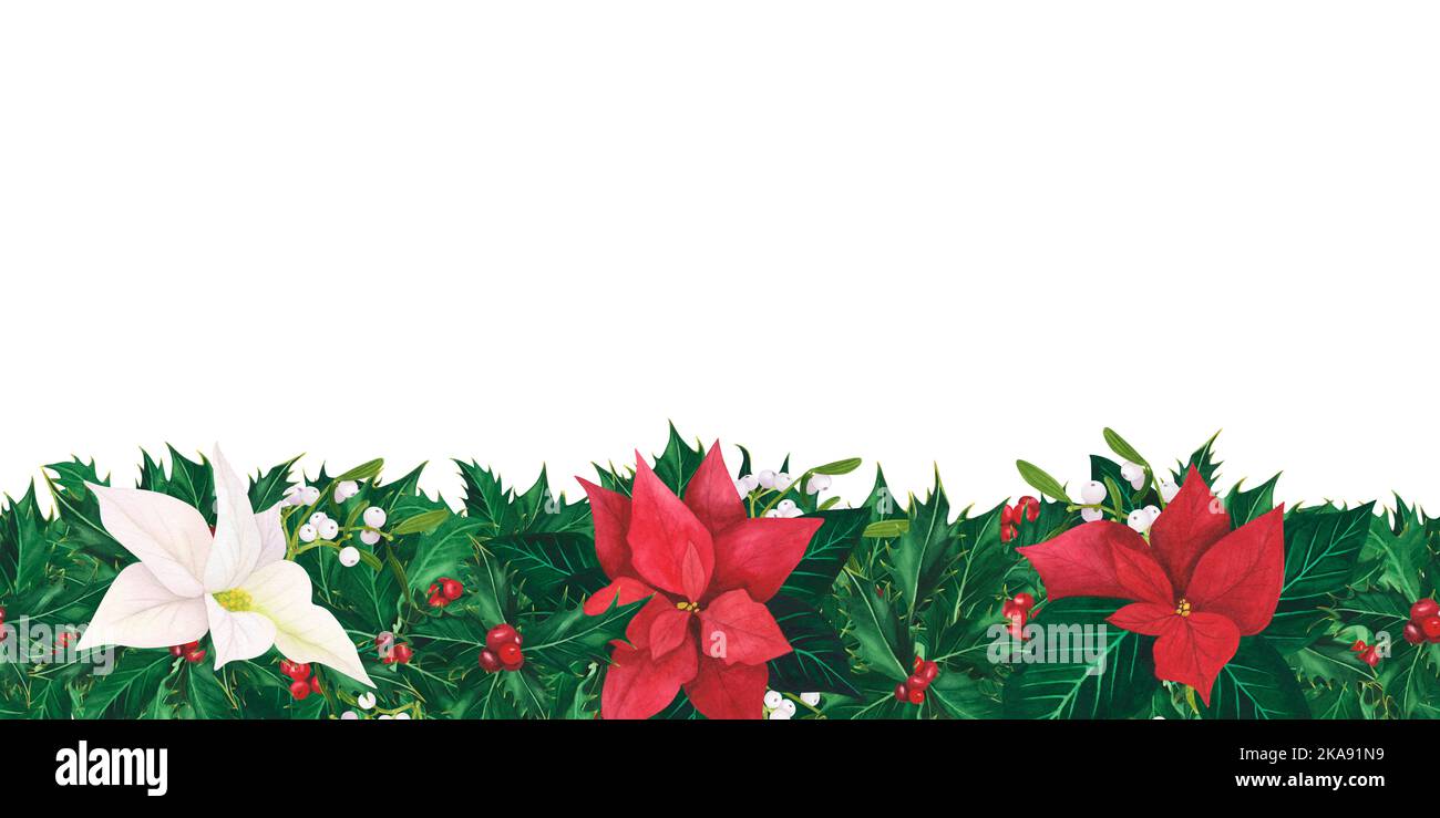 Seamless Border with Christmas holly leaves berries, poinsettia ...