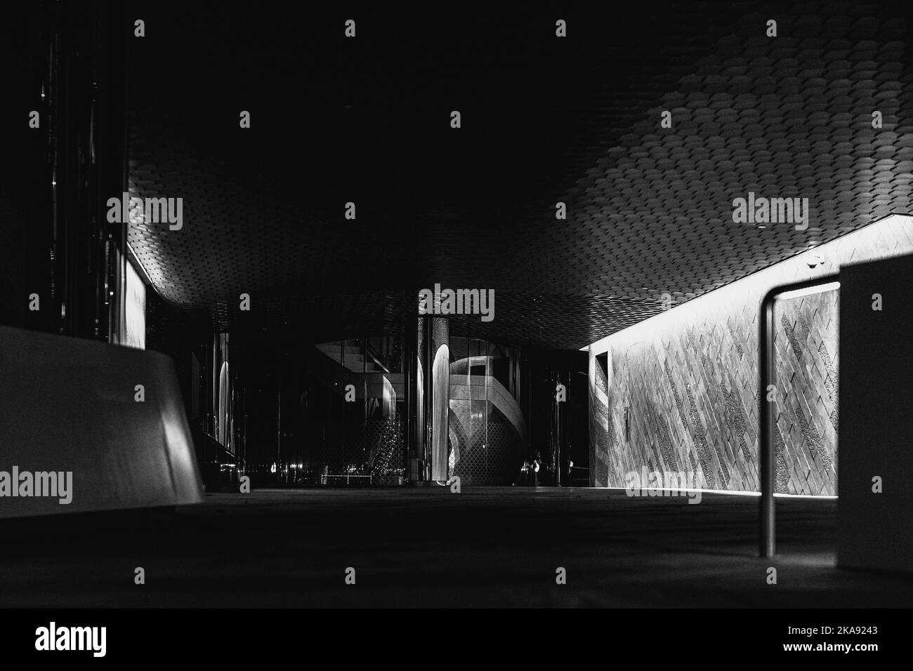 A grayscale shot of the Belo building at night in Downtown Dallas Stock ...