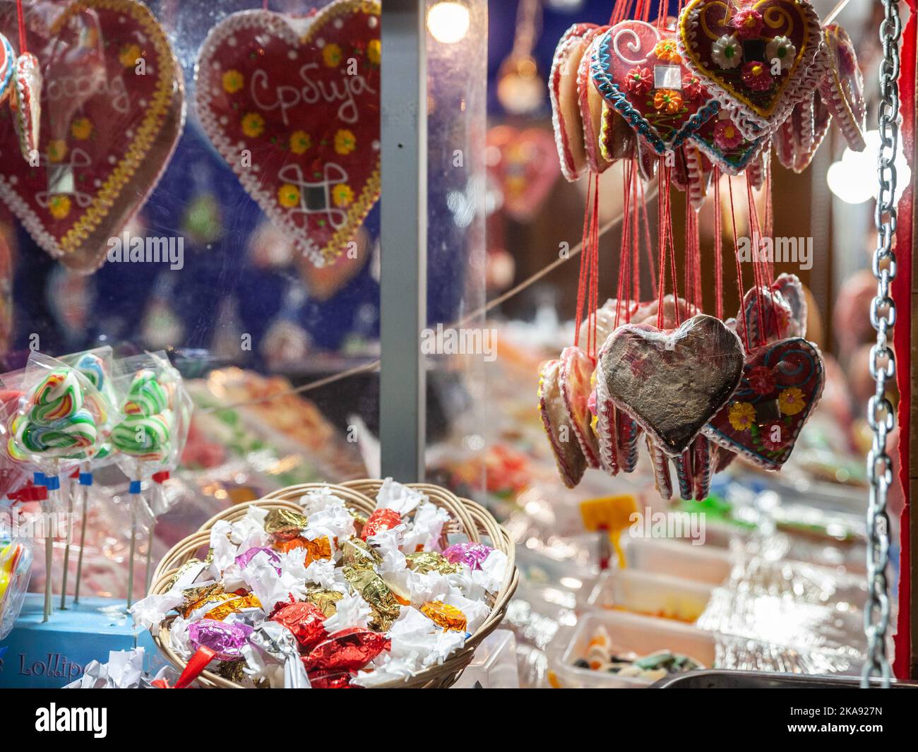 Picture of the stalls of a candy christmas market displaying candies on ...