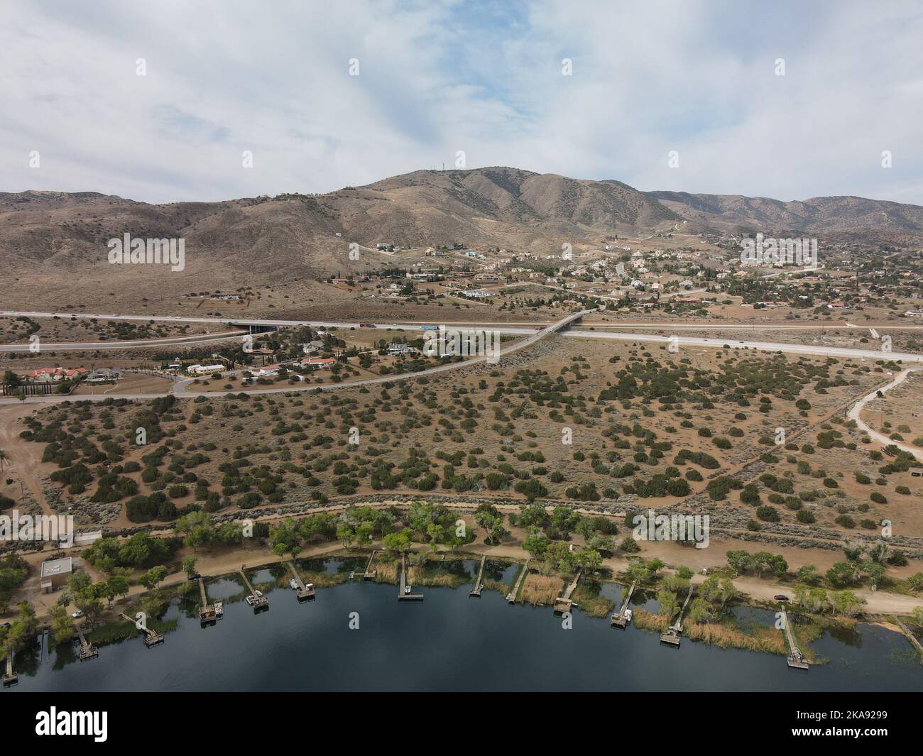 An aerial view of docks at lake Palmdale and the 14 freeway in the ...