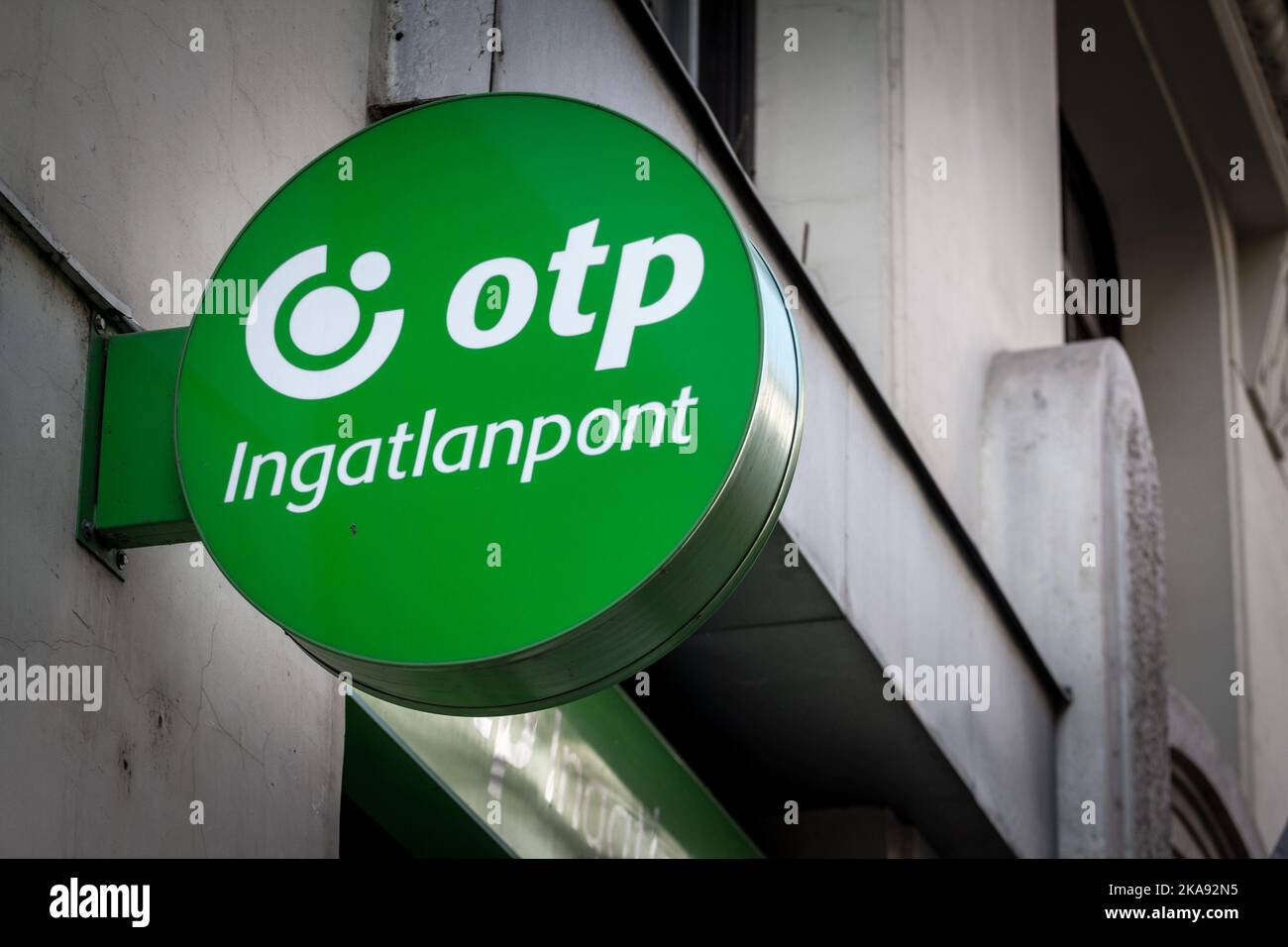 Picture of an OTP Bank logo on their branch in Budapest, Hungary. OTP ...