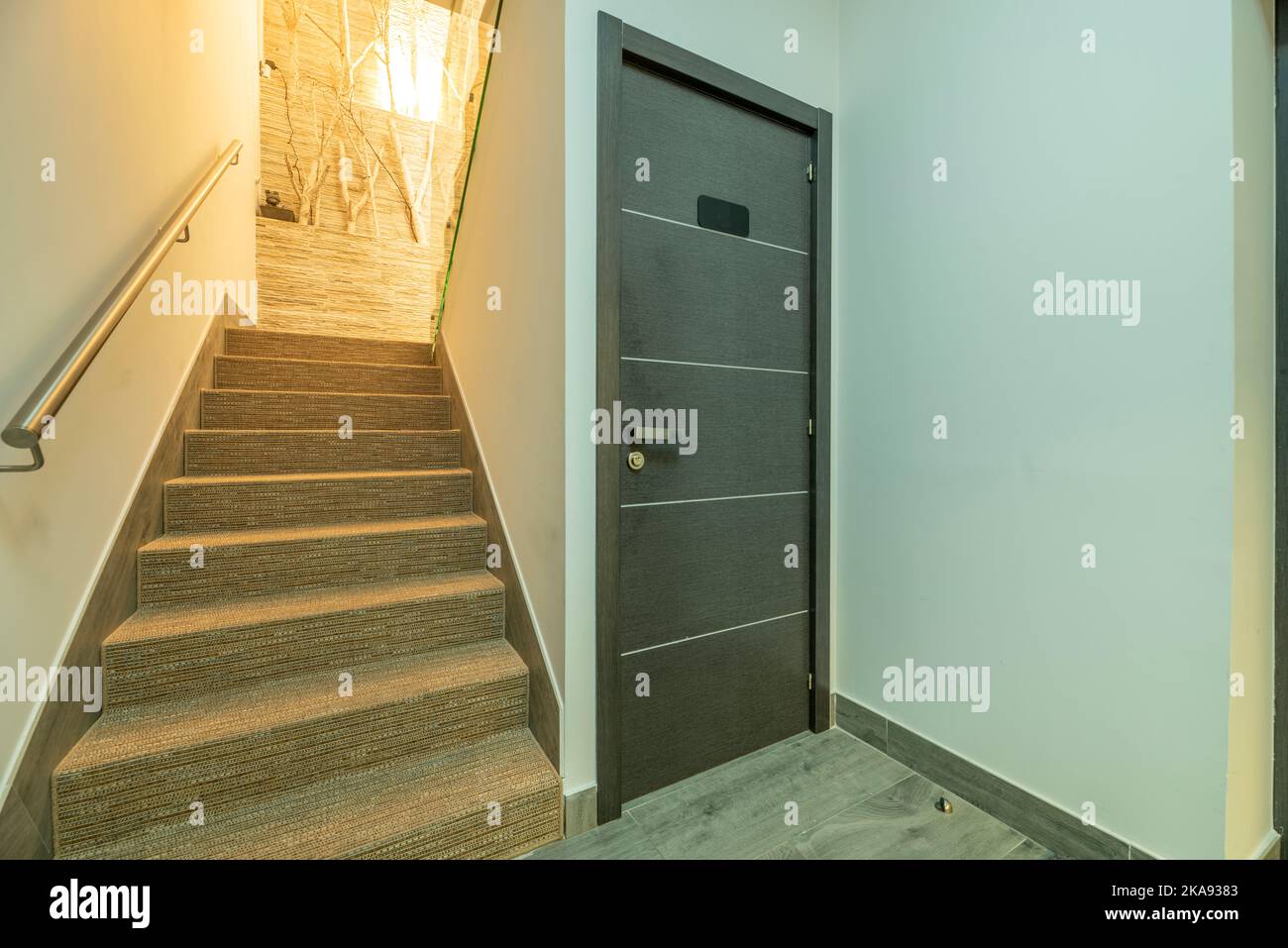Stairs with fiber carpet and lockable junk room Stock Photo - Alamy