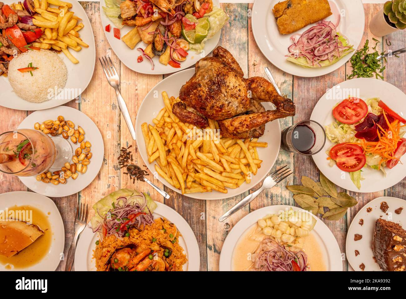 Set of dishes of Peruvian food and weekend roast chicken on the menu ...