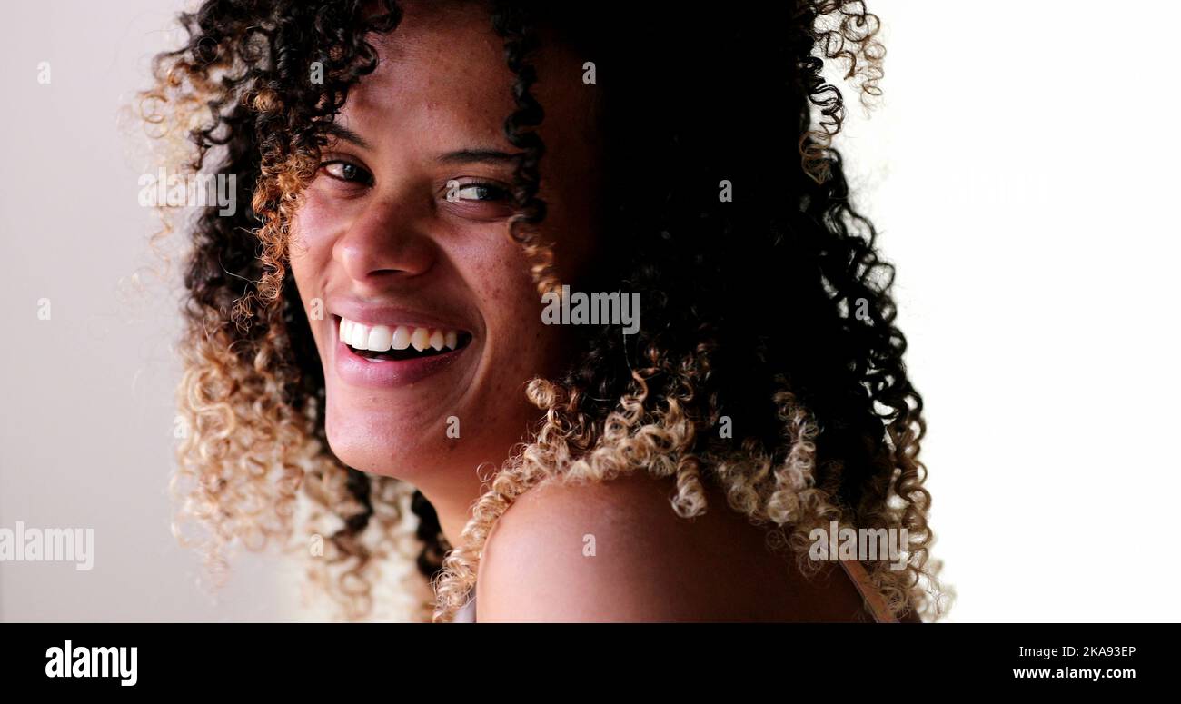 Hispanic black woman portrait smile close-up face, real life laugh and ...