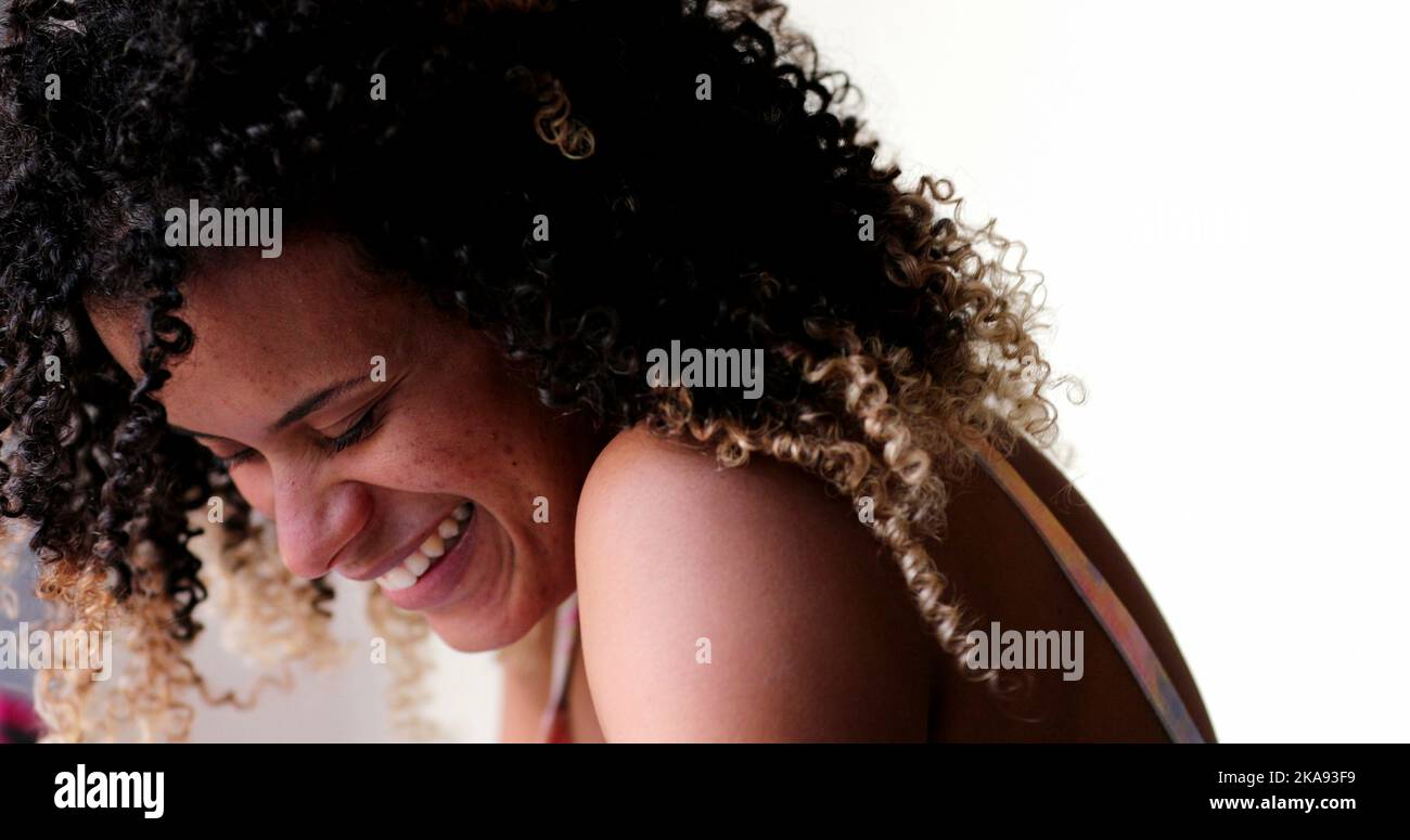 Hispanic black woman portrait smile close-up face, real life laugh and ...