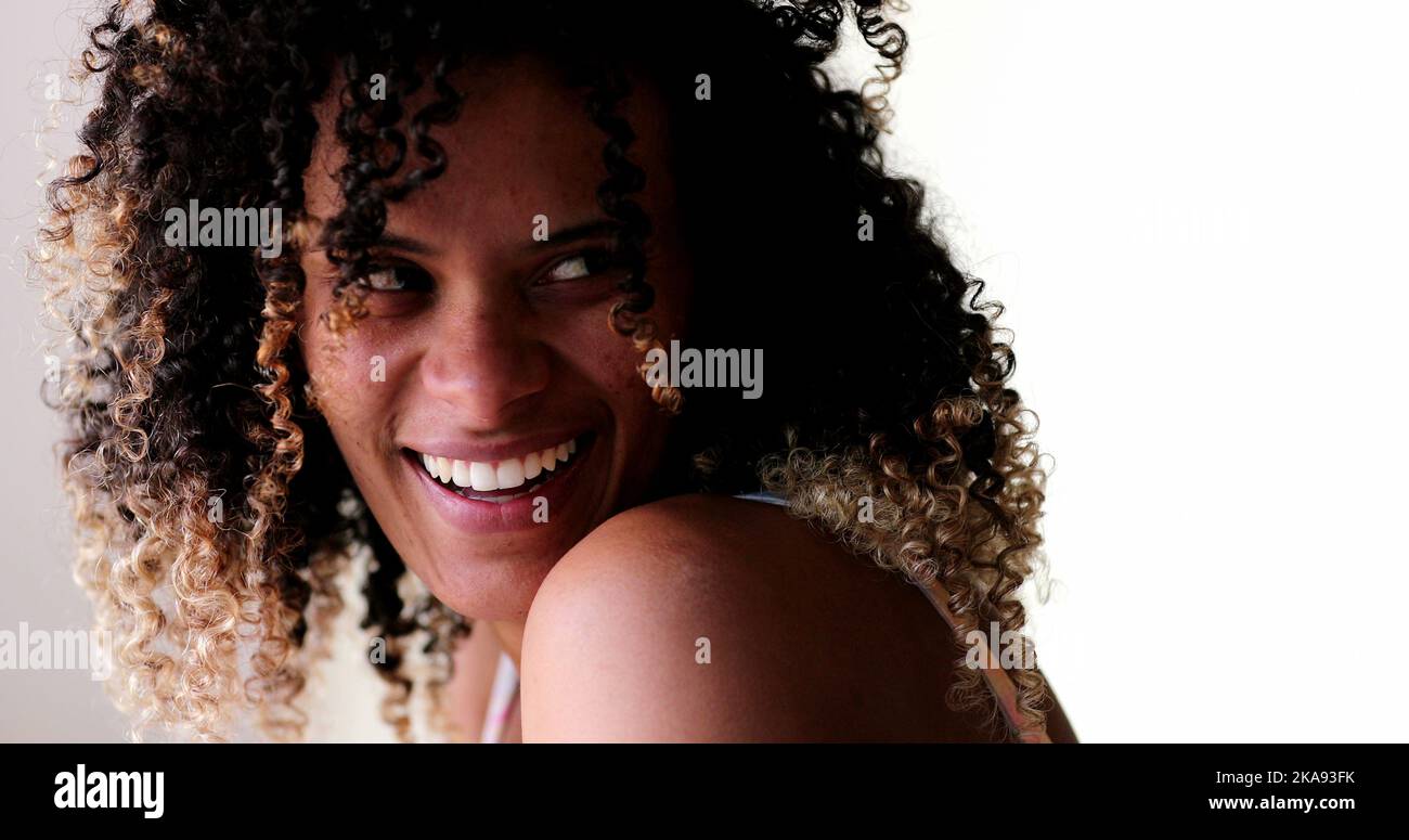 Hispanic black woman portrait smile close-up face, real life laugh and ...