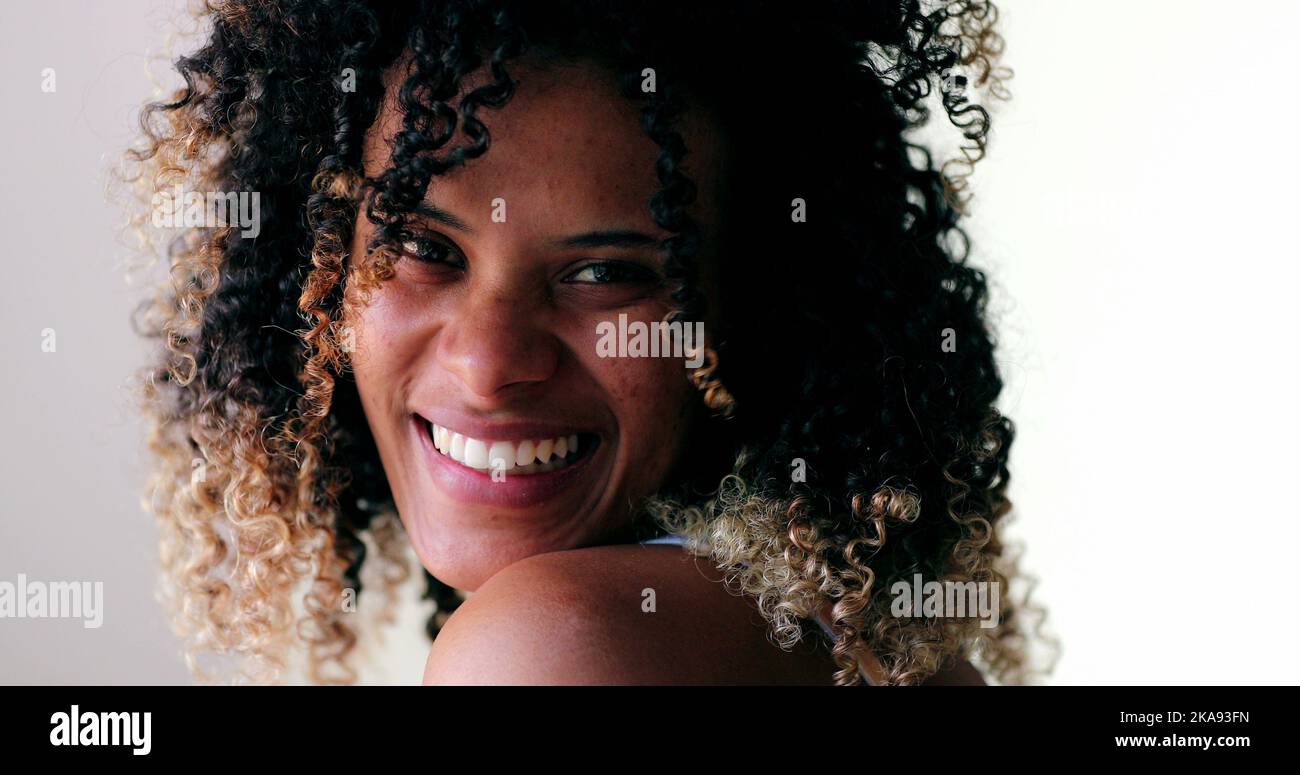 Hispanic black woman portrait smile close-up face, real life laugh and ...