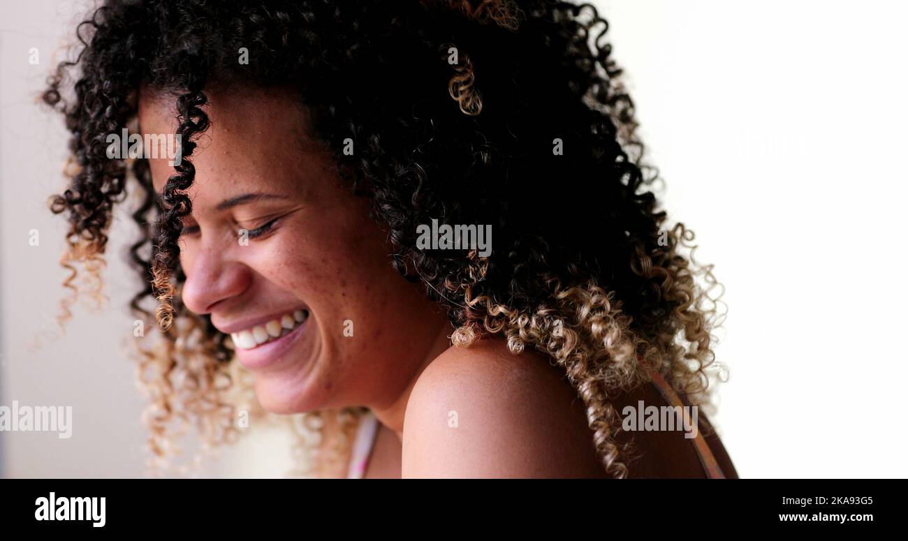 Hispanic black woman portrait smile close-up face, real life laugh and ...