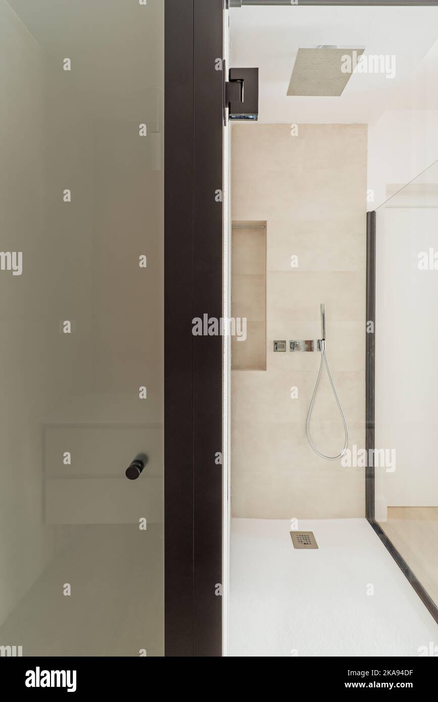 Minimalist design toilet with shower cabin with glass partition and ...